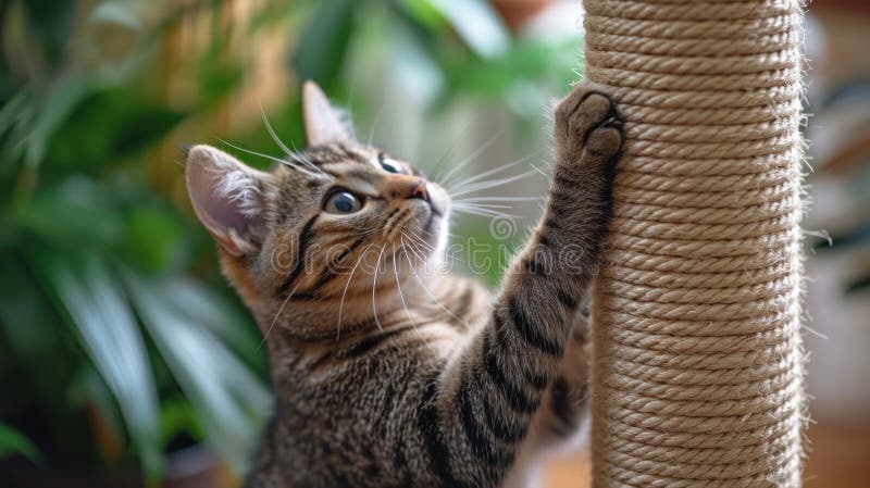 A Cat Playing with a Rope on the Top of Its Scratching Post, AI Stock ...