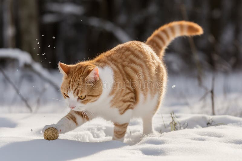 Cat Playing in the Snow in Winter Season. Cute Kitten Having Fun with ...