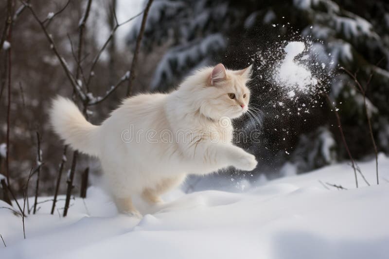 Cat Playing in the Snow in Winter Season. Cute Kitten Having Fun with ...