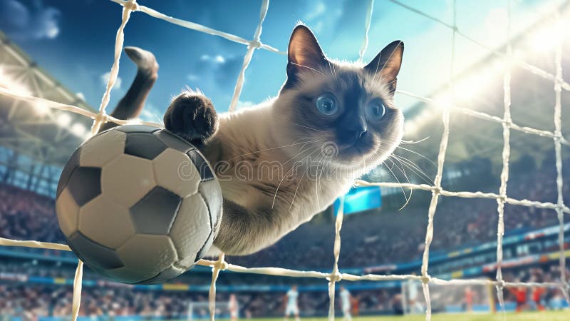 Cat Playing with a Soccer Ball in a Goal Net at a Stadium Stock Image ...