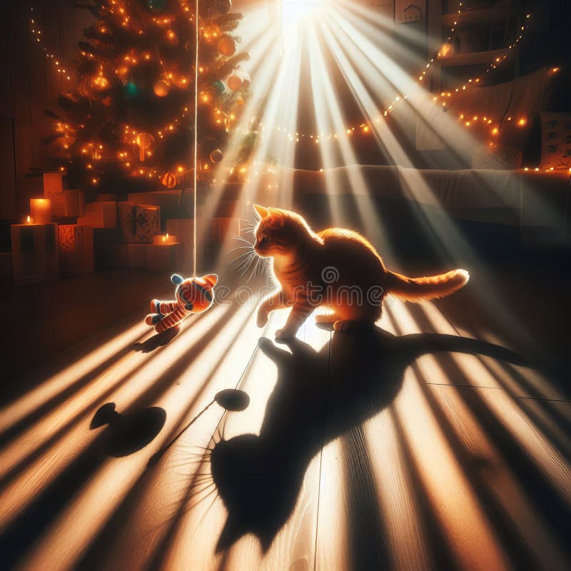 A Cat Playing with a Toy in a Beam of Sunlight, Chasing the Sha Stock ...