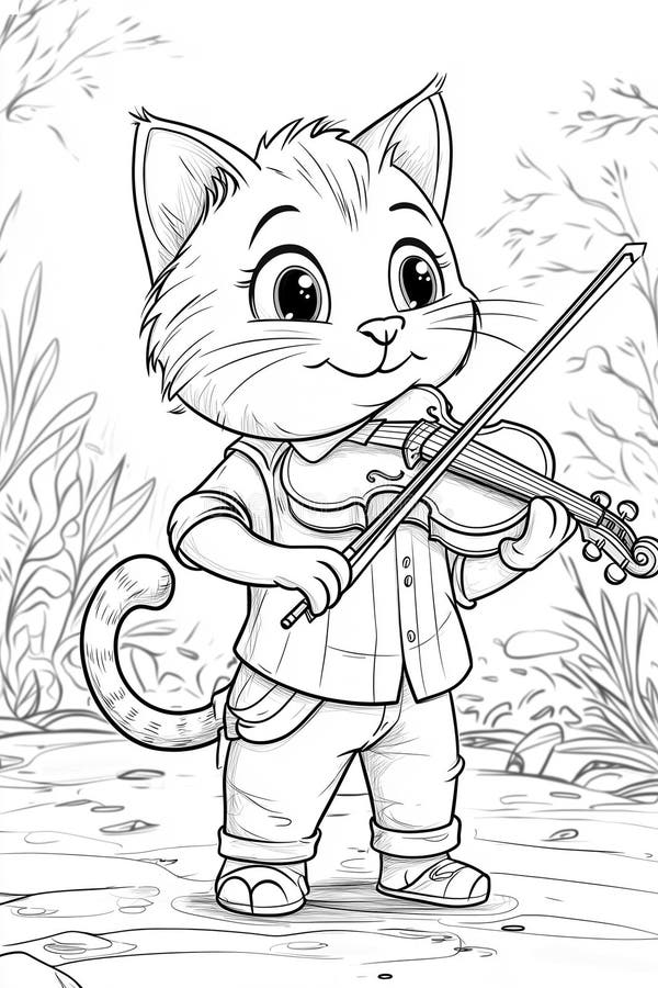 Cat Playing Violin Coloring Page for Kids Stock Illustration ...