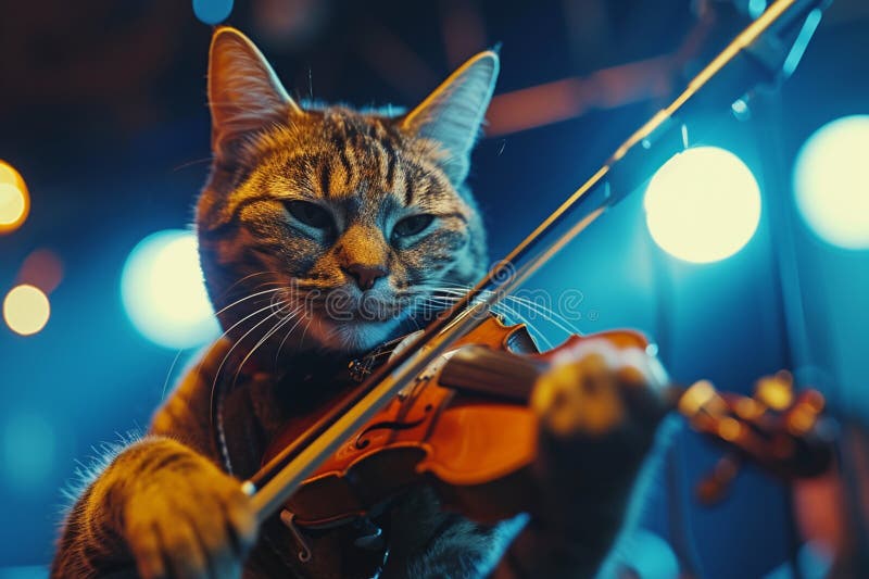 A Cat is Playing a Violin in Front of a Microphone Stock Image - Image ...