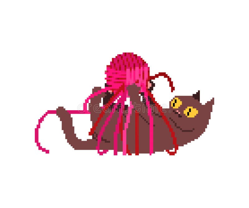 Cat Plays with Ball Pixel Art. 8 Bit Cat and Ball of Wool Stock Vector ...