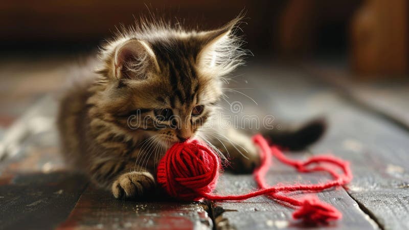 The Cat Plays with a Ball of Thread. Selective Focus Stock Illustration ...