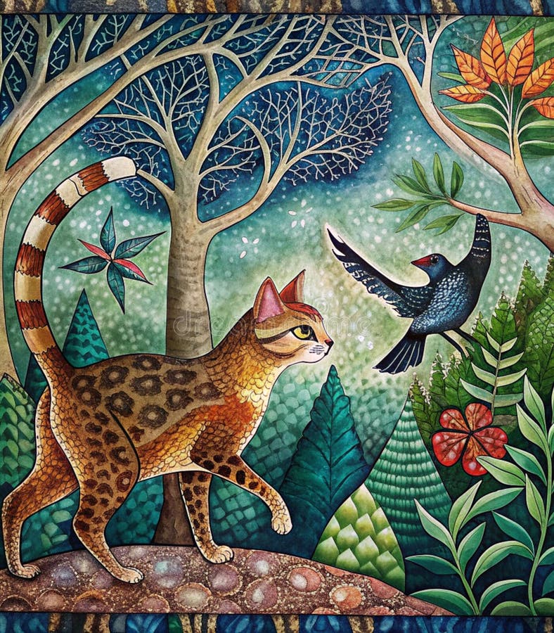 A cat plays with a bird stock illustration. Illustration of baby ...