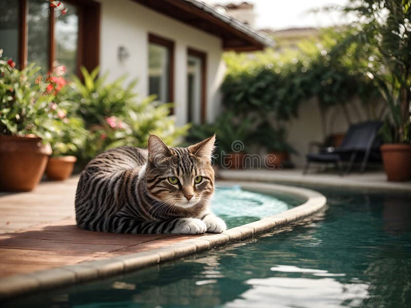 A cat beside a pool stock illustration. Illustration of recreation ...