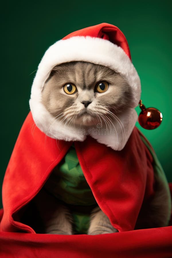 Grey Cat Dressed As a Christmas Elf, Red and Green Stock Illustration ...