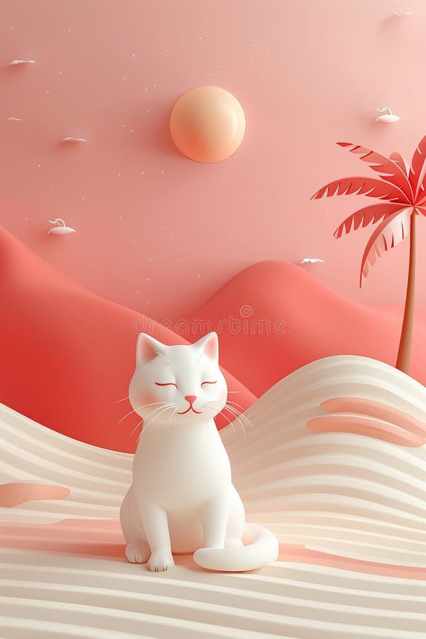 Cat Pose Challenge Flat Design Front View Theme Beach 3D Render ...