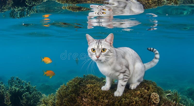 Cat Posing on Coral Reef with Underwater Reflection Stock Illustration ...