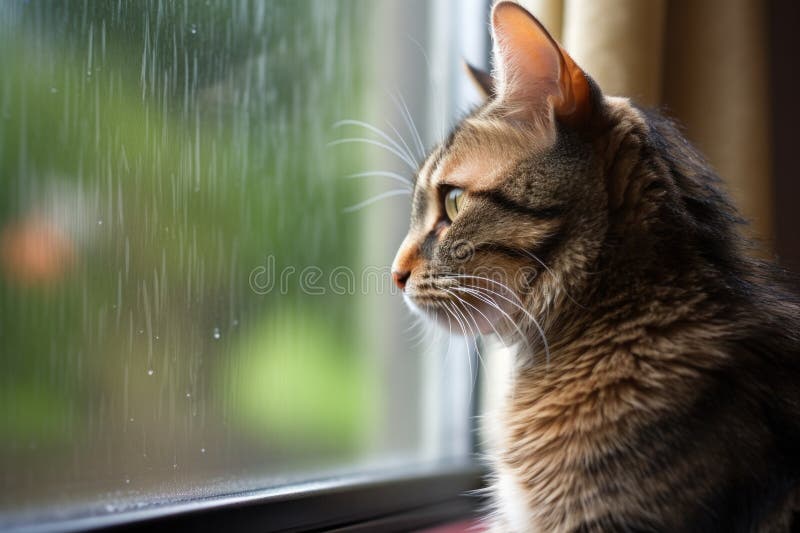 A Cat Positioned by a Window, Watching Rain Fall Stock Photo - Image of ...