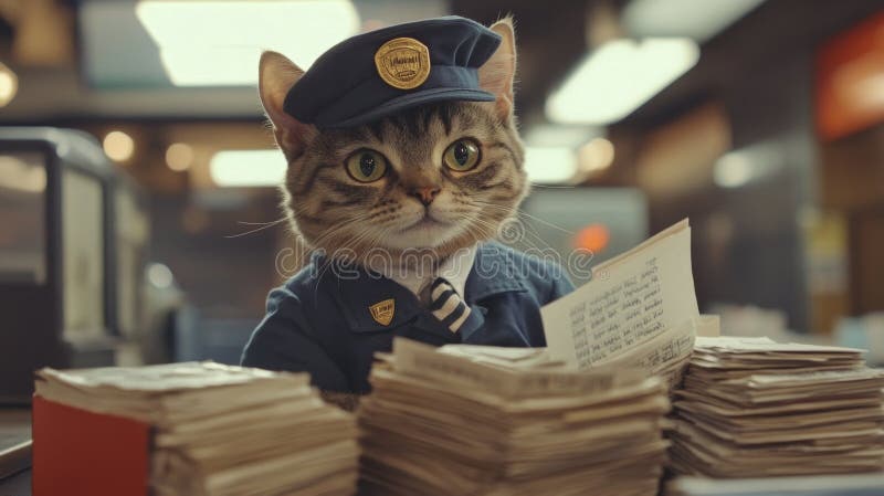 Cat in Postal Worker Uniform Sorting Mail at a Busy Post Office Stock ...