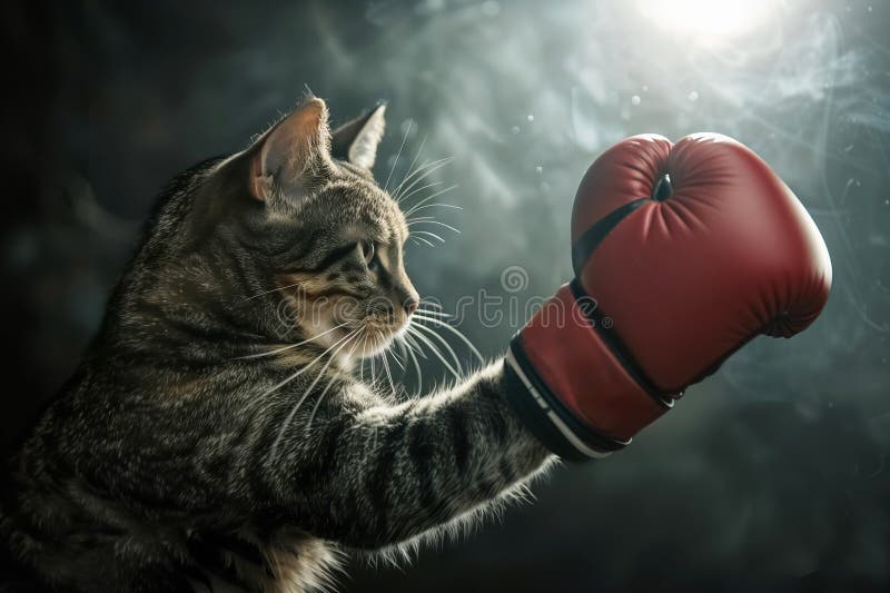 Cat Practicing Boxing with a Red Glove in a Dramatic Setting Stock ...
