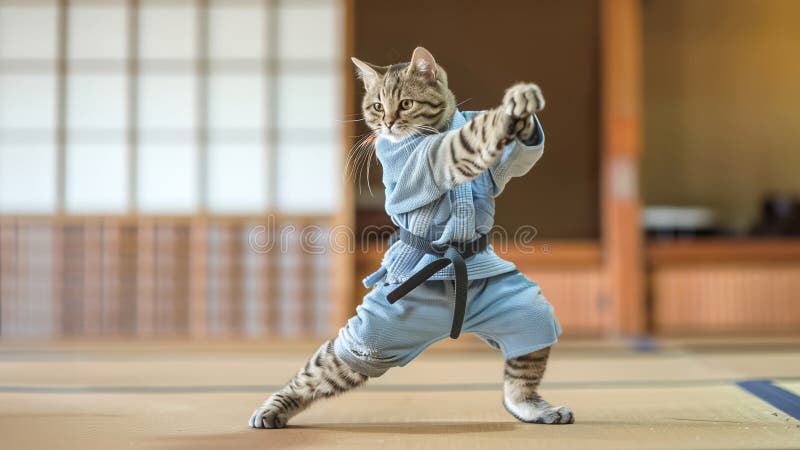 Cat Practicing a Karate Stance in a Dojo Wearing a Blue Gi Stock Image ...