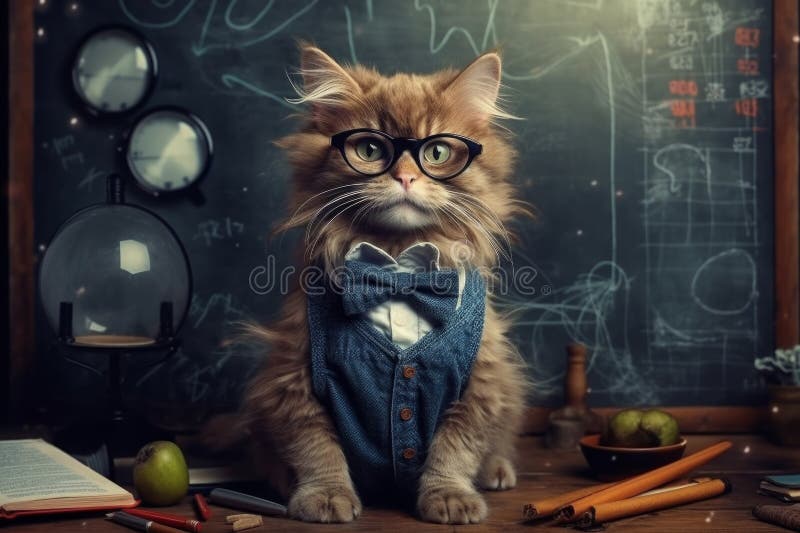 Cat Professor in Glasses Sits on a Desk in a Classroom Stock ...