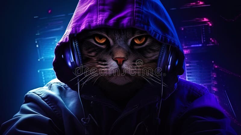 A Cat with a Purple Hat and in a Hacker Costume, Creating Digital ...