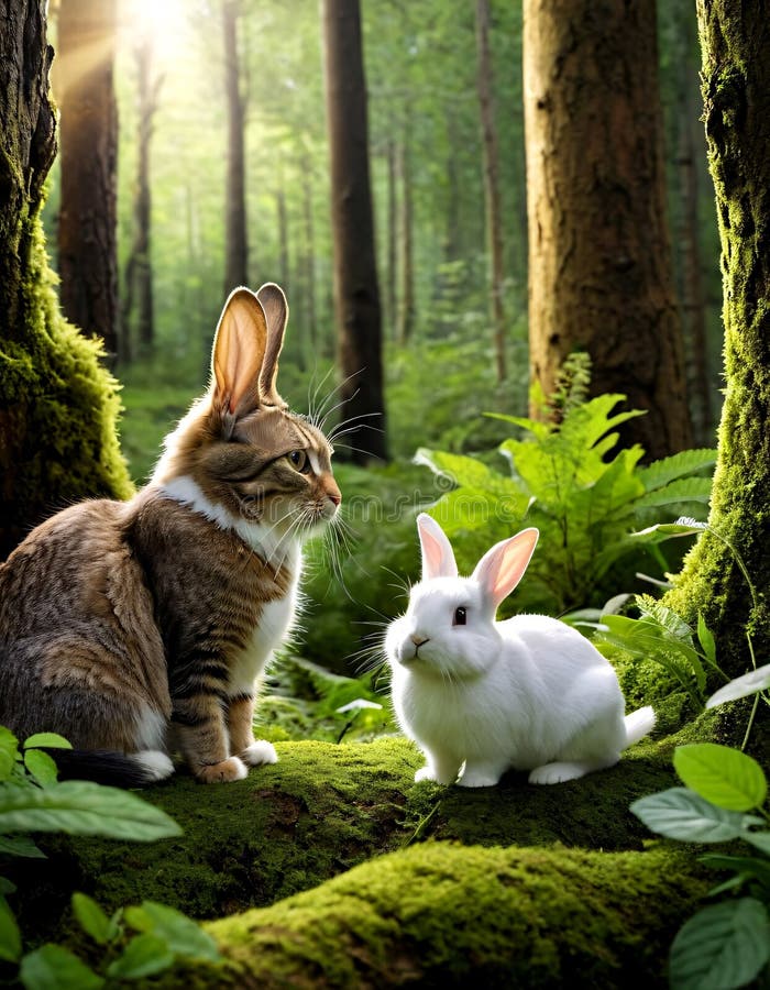 Cat and Rabbit in the Forest. Stock Illustration - Illustration of ...
