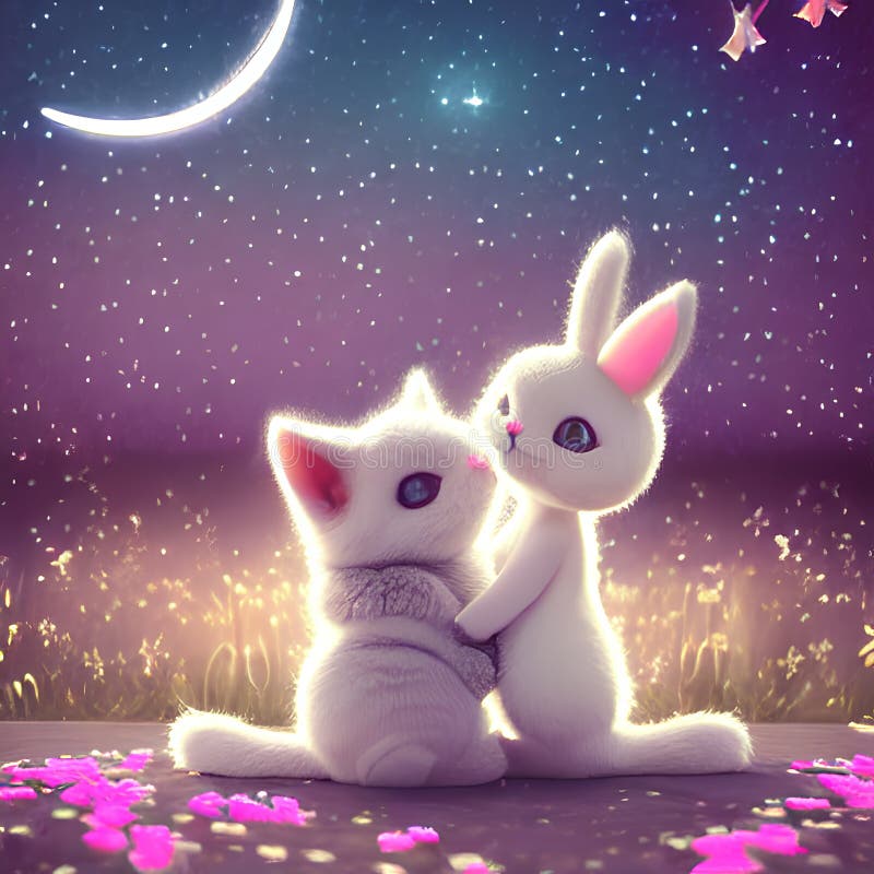 A Cat and a Rabbit Hug Each Other. Moon and Stars in the Background ...
