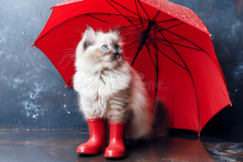 Cat in Rain Boots and Umbrella on Dark Background, Space for Text Stock ...