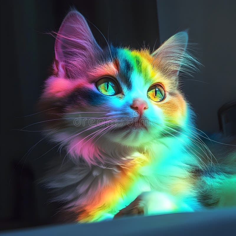 A Cat with a Rainbow Colored Coat is Staring at Somewhere Stock Photo ...