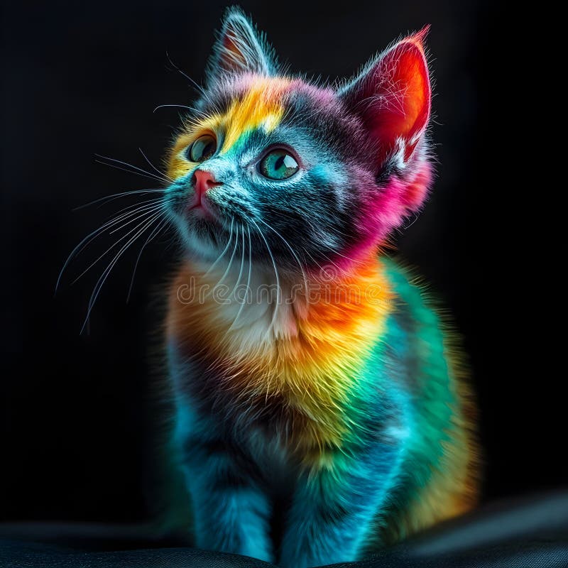 A Cat with a Rainbow Colored Coat is Staring at Somewhere Stock Photo ...