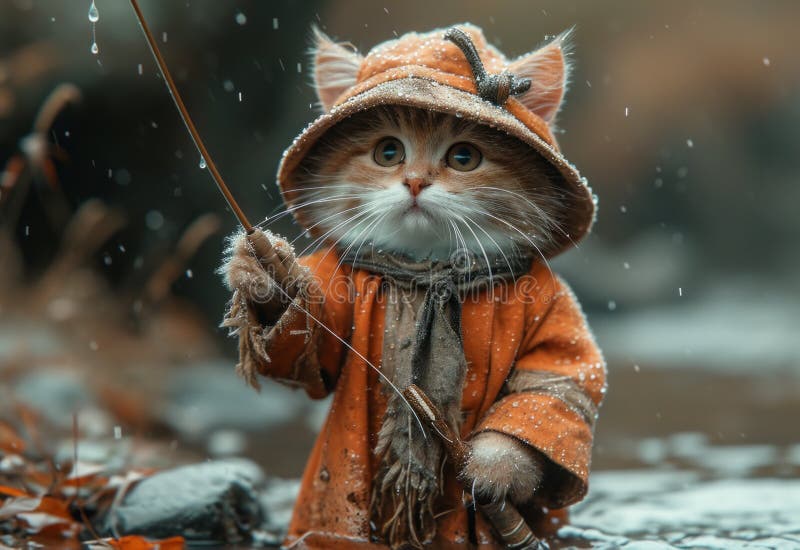 Cat in Raincoat Stands in the Rain. Stock Image - Image of nature, cute ...