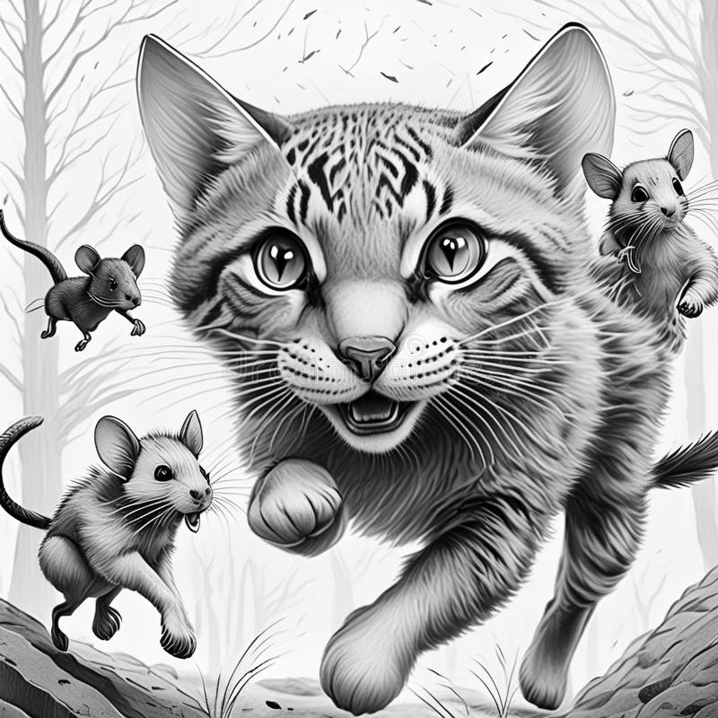 A Cat and Rats Running Front View Black and White Illustration Stock ...