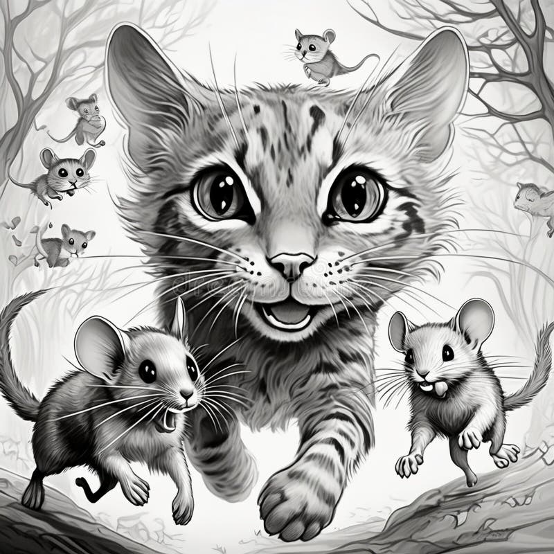 A Cat and Rats Running Front View Black and White Illustration Stock ...