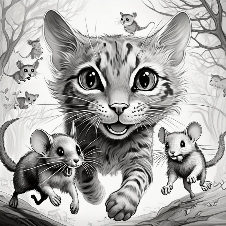 A Cat and Rats Running Front View Black and White Illustration Stock ...
