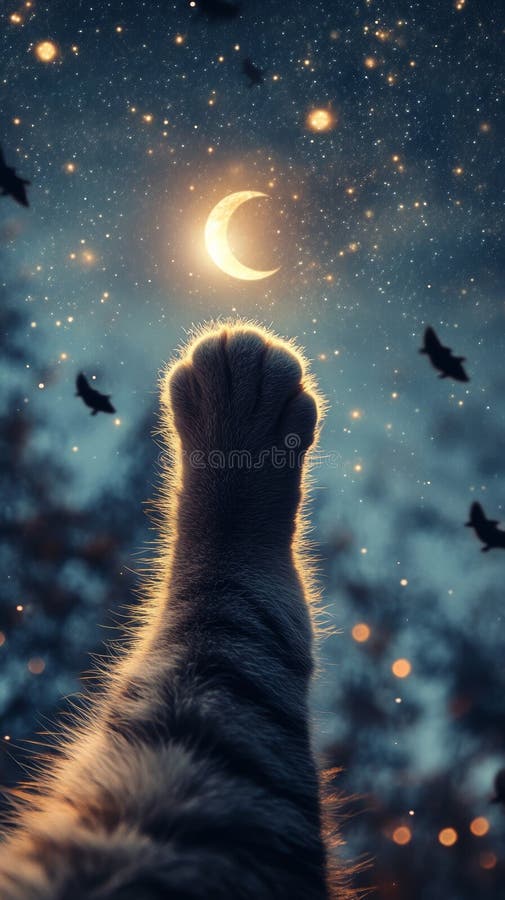 Cat Reaching Paw Towards Crescent Moon in Starry Night Sky Stock Image ...