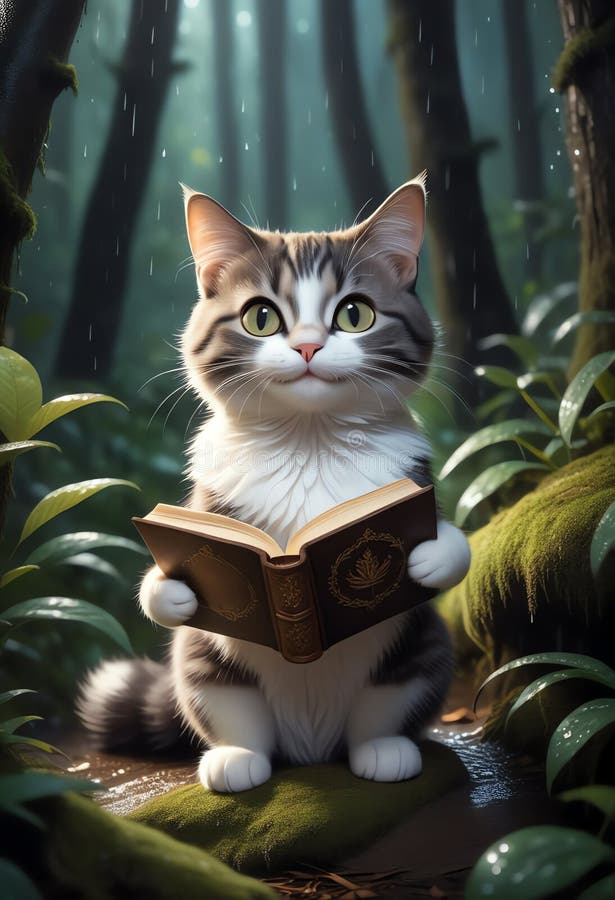 A Cat Read Book in Mystical Rain Forest Stock Illustration ...