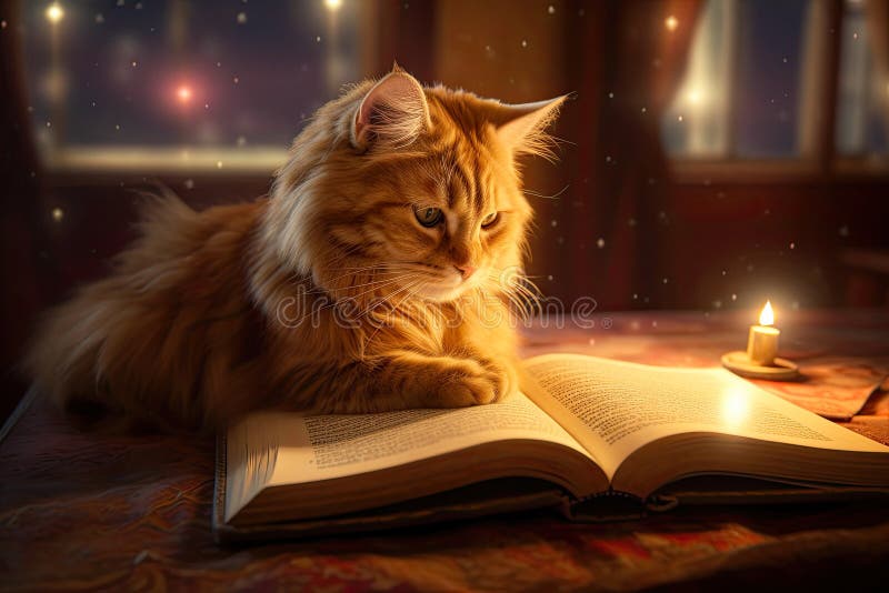 Cat Reading a Book Fairy Tale Dreamy Stock Illustration - Illustration ...