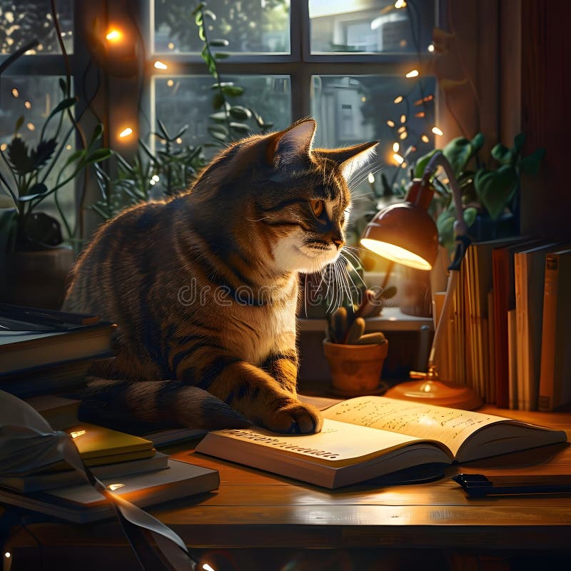 Cat Reading a Book. Kitten is Learning and Studying Stock Illustration - Illustration of ...