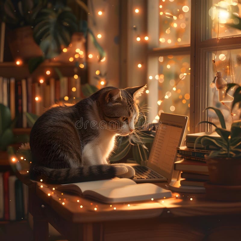 Cat Reading a Book. Kitten is Learning and Studying Stock Illustration ...