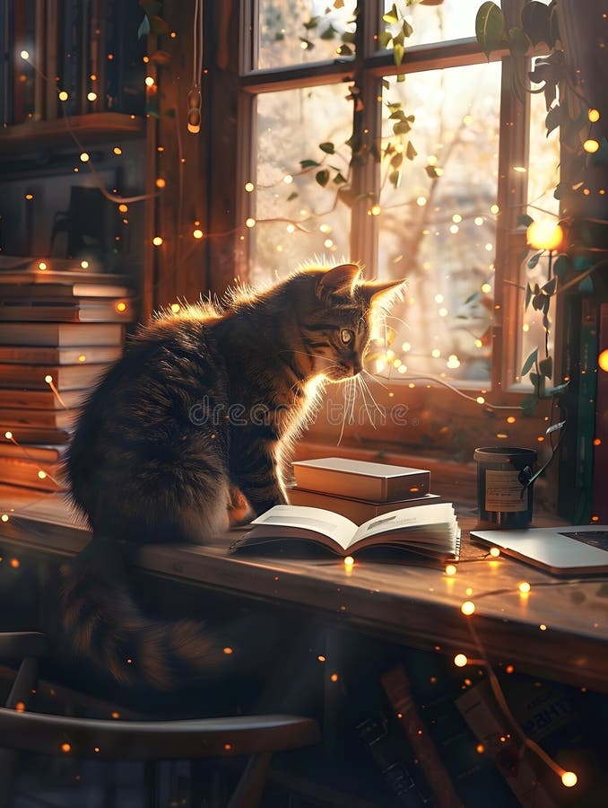 Cat Reading a Book. Kitten is Learning and Studying Stock Illustration ...