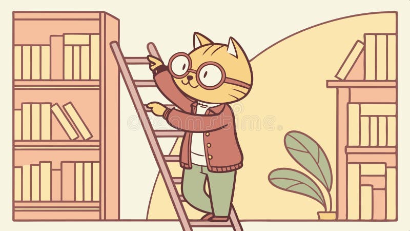 Cat Reading Book on Ladder in Library for Reaching Knowledge Vector ...