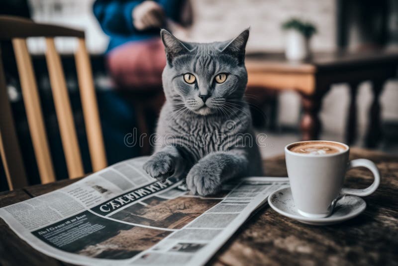 The Cat is Reading a Newspaper in a Cafe. AI Generated Stock ...