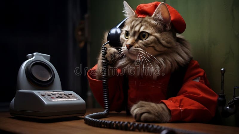 Cat in Red Clothes Calls on a Retro Phone. Generative AI. Stock ...