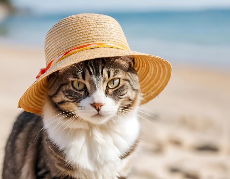 Cat Relaxing on Bright Sunny Beach Wearing Straw Hat Stock Illustration ...