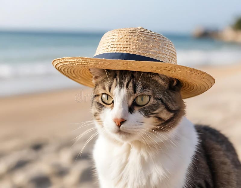 Cat Relaxing on Bright Sunny Beach Wearing Straw Hat Stock Illustration ...