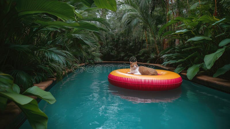 Cat Relaxing on Inflatable in Lush Jungle Pool Paradise Stock Photo ...
