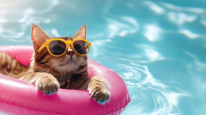 Cat Relaxing in Pool on Inflatable with Sunglasses Stock Photo - Image ...