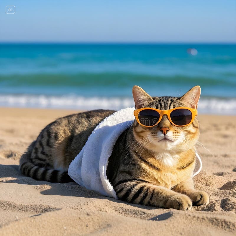 Cat Relaxing beside Sea Beach with Sun Glass. Stock Image - Image of ...