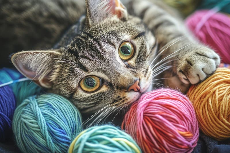 A Cat Relaxing on Top of a Pile of Yarn Stock Image - Image of knitting ...