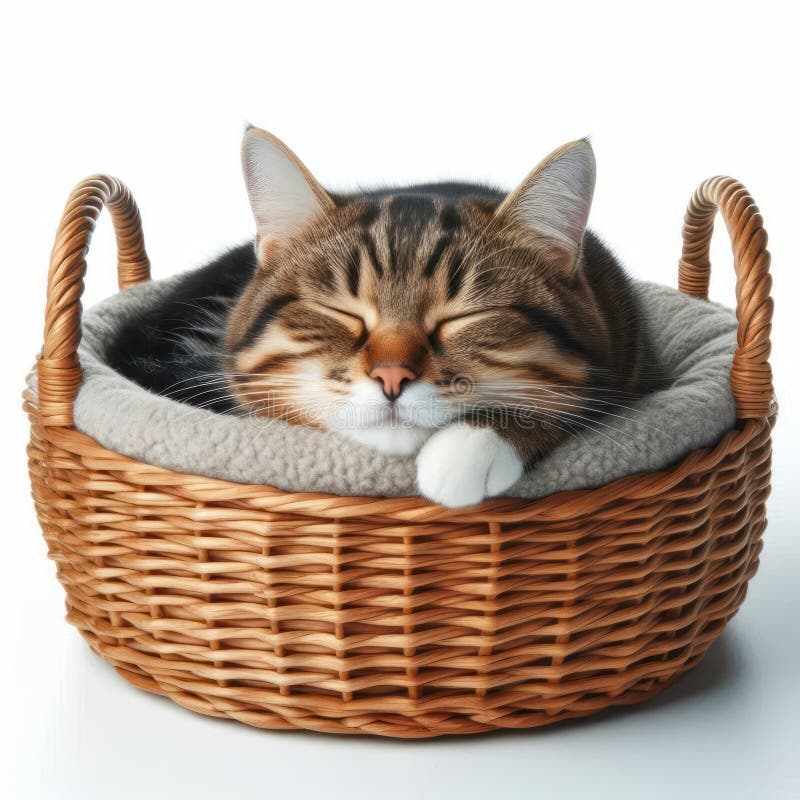 Cat Relaxing in Woven Basket Bed on White Stock Illustration - Illustration of fluffy, indoor ...