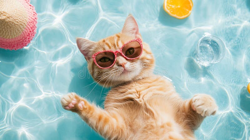 Cat Rest in the Pool Water Background Summer with Generative Ai Stock ...
