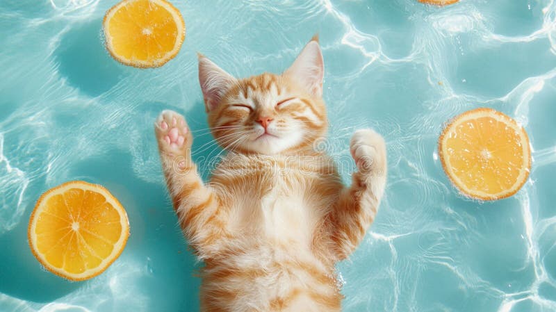Cat Rest in the Pool Water Background Summer with Generative Ai Stock ...