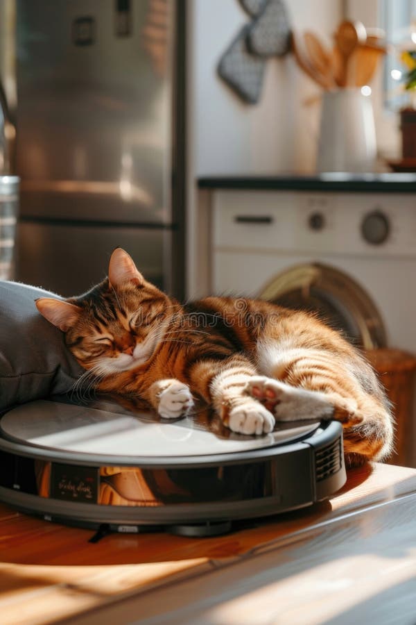 A Cat Resting on Top of a Robotic Vacuum Cleaner, with a Calm and ...