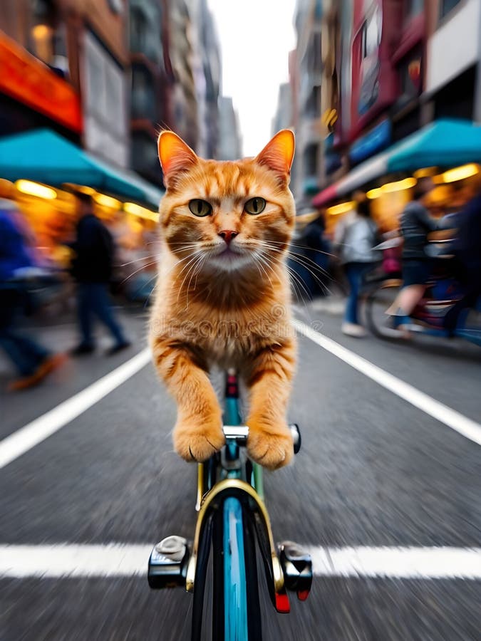 Cat Riding a Bicycle in a Crowded City Stock Illustration ...