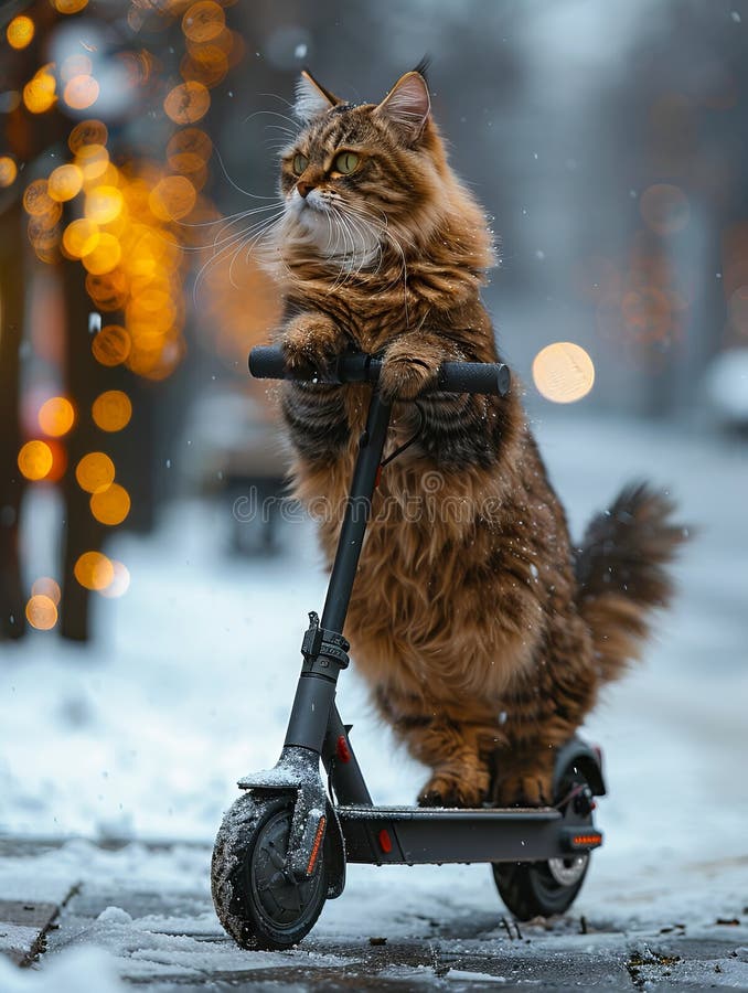 A Cat Riding on an Electric Scooter in the Snow Stock Photo - Image of ...